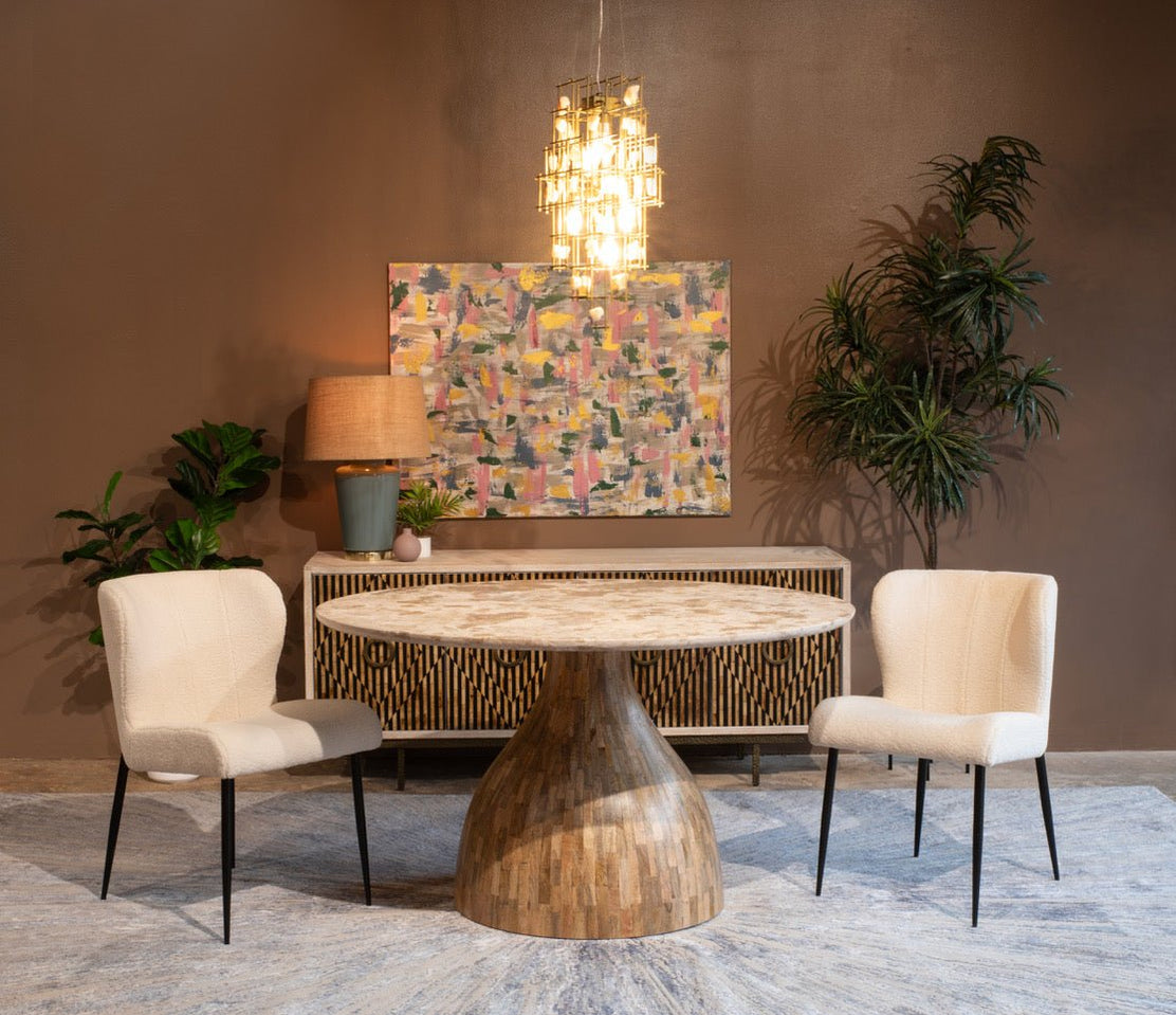 Fargo 54" Round Dining Table with Capri Beige Marble and Natural Base — World Interiors