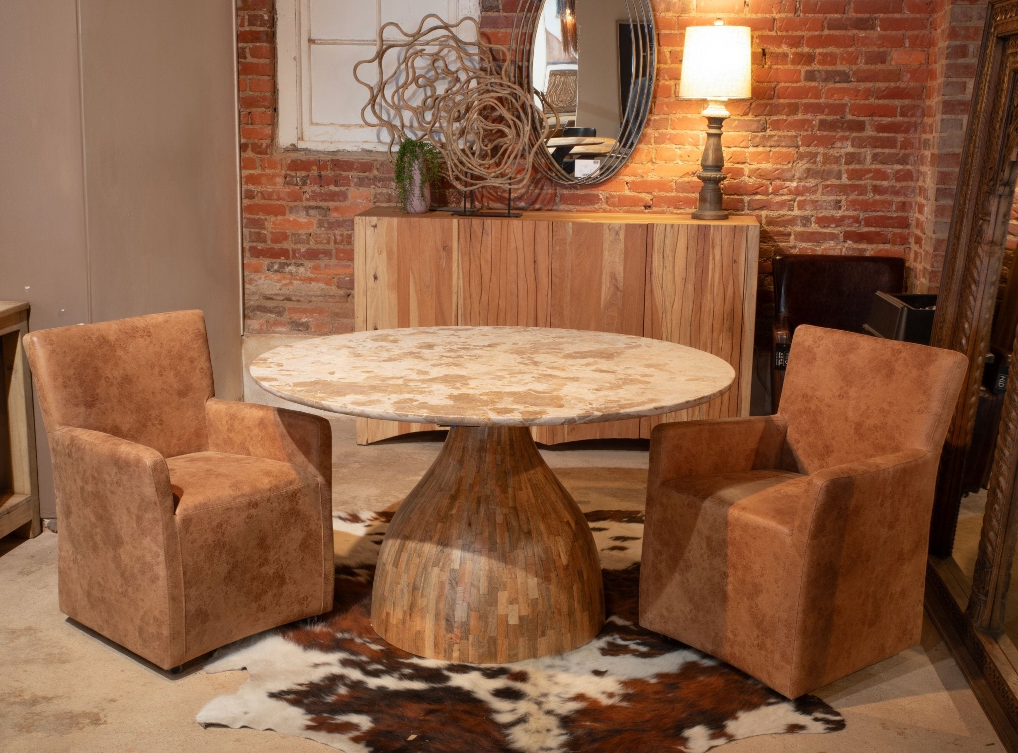 Fargo 54" Round Dining Table with Capri Beige Marble and Natural Base — World Interiors