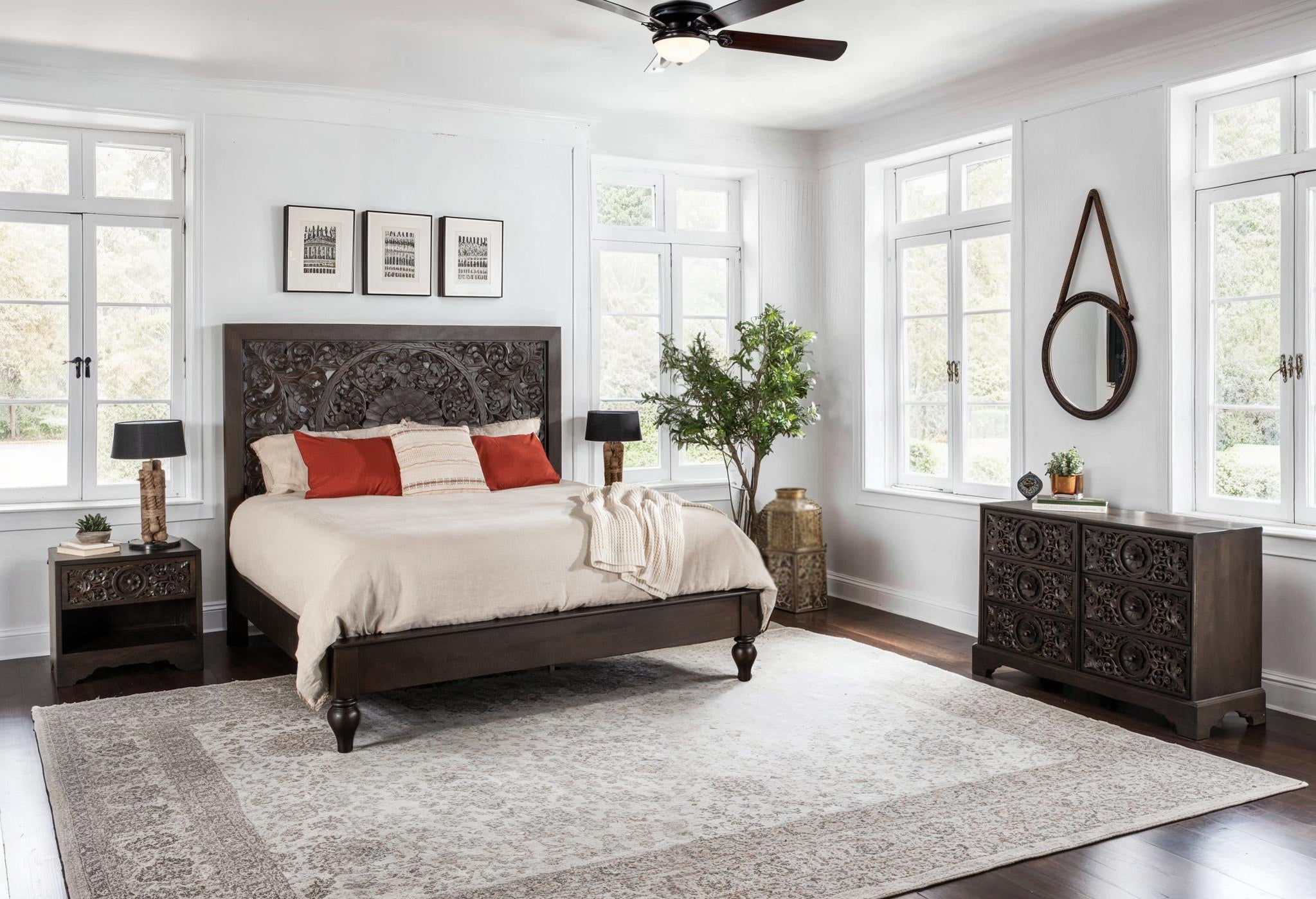 Haveli Handcarved Floral Mango Wood Bed | Queen & King | World Interiors