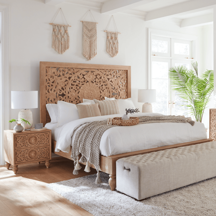 Haveli Handcarved Floral Mango Wood Bed | Queen & King | World Interiors