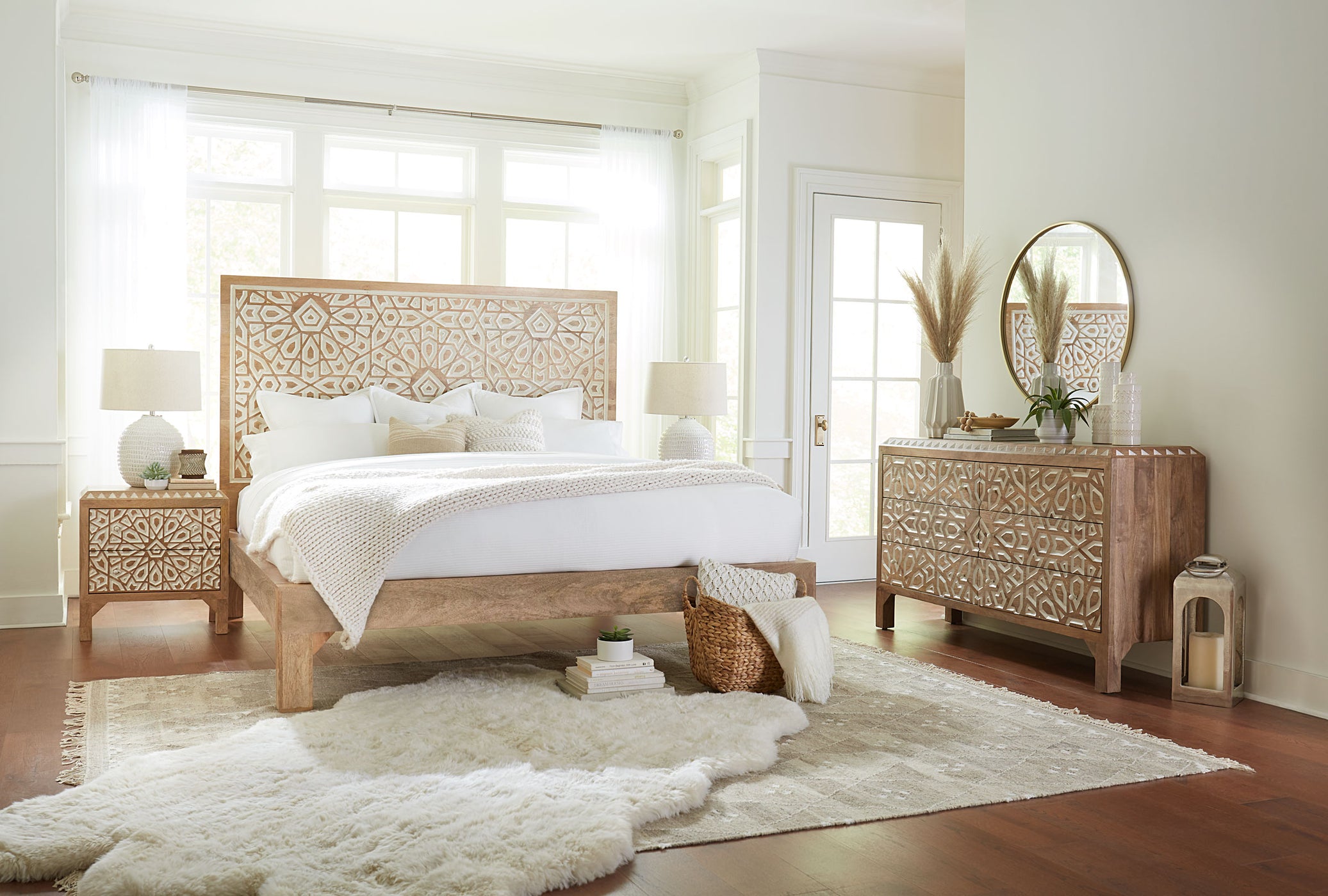 Haveli Mango Wood Geometric King Bed - World Interiors